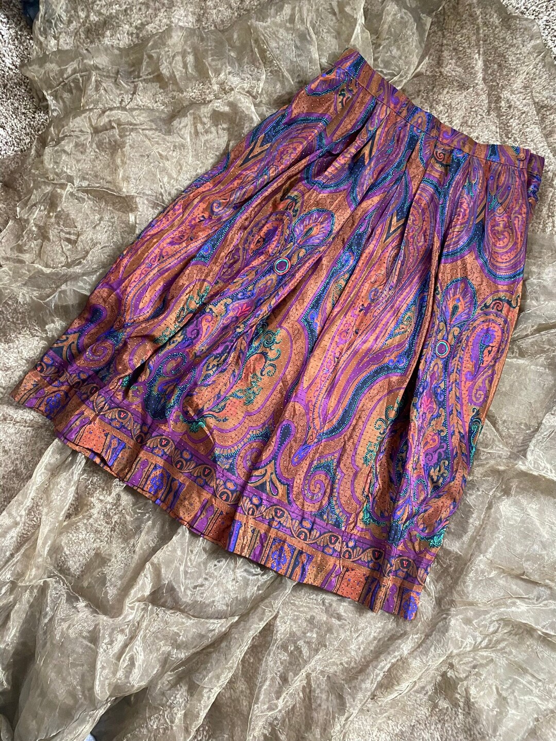 Vintage Alexon Paisley 80s Pleated Midi Skirt Two Buttons Pockets ...