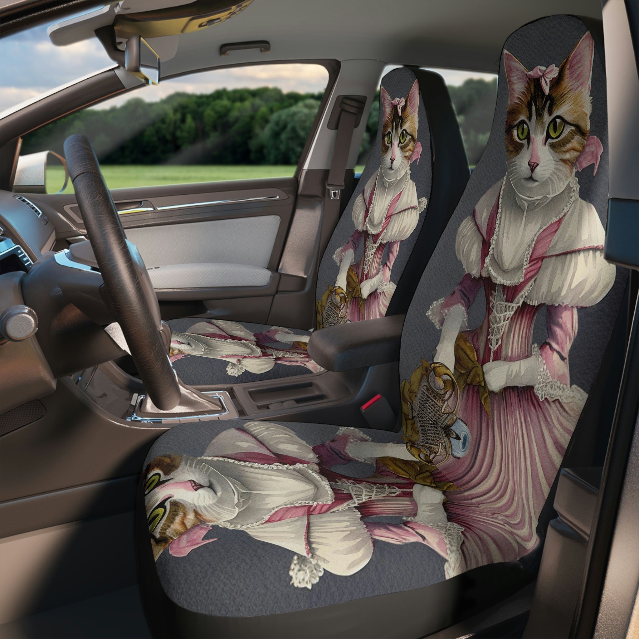 Mirrored Victorian Lady Cat Portrait Set of Two Front Car Seat Covers, Cat Lover Car Seat Covers ...