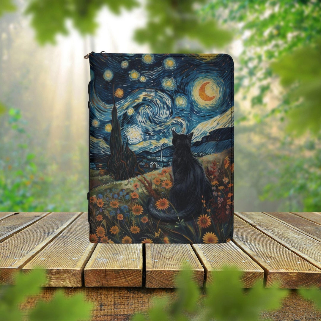 Black Cat Starry Night PU Vegan Leather Bible Cover, Van Gogh Inspired ...