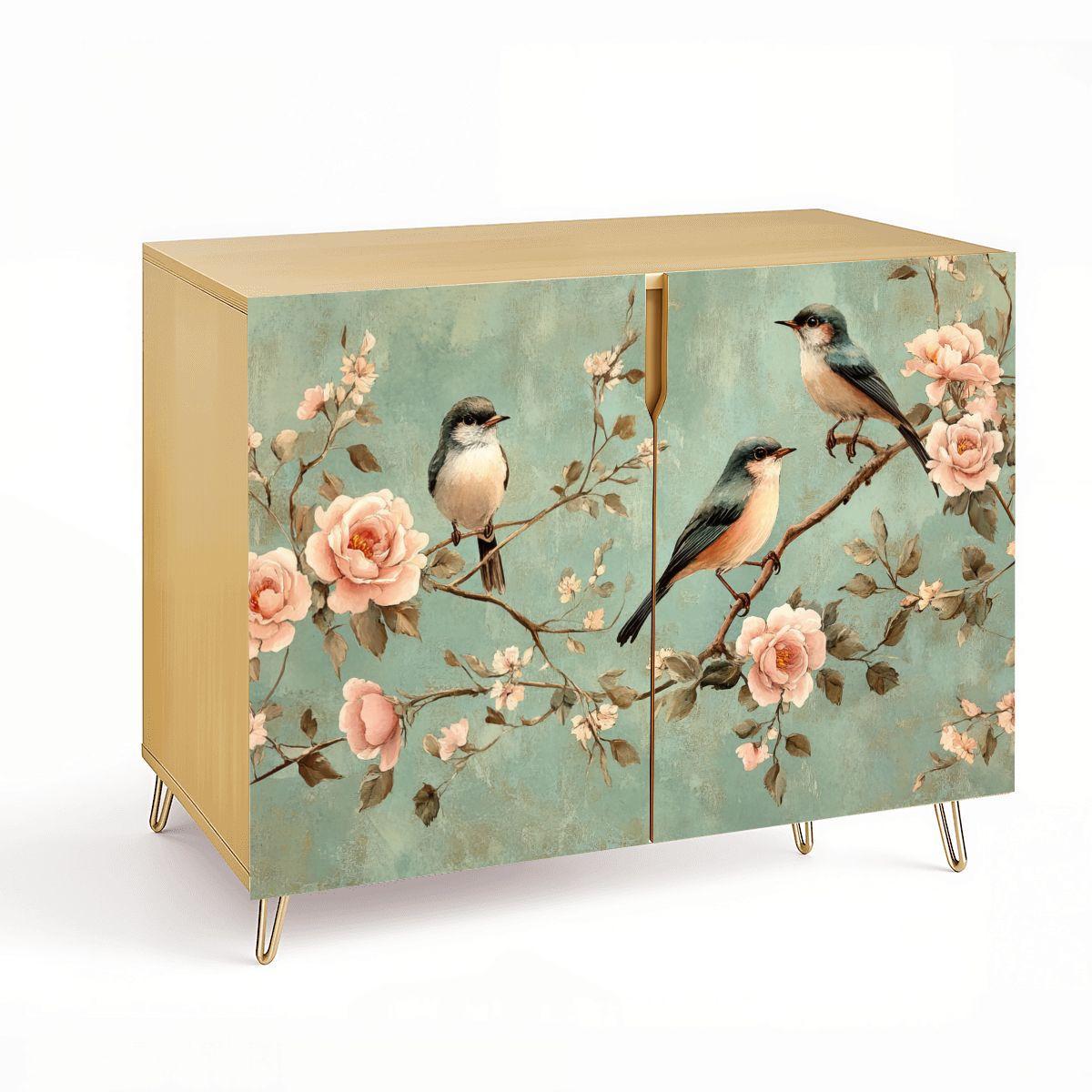 Birds and Flowers Storage Cabinet, Floral Wooden Cabinet With Doors ...