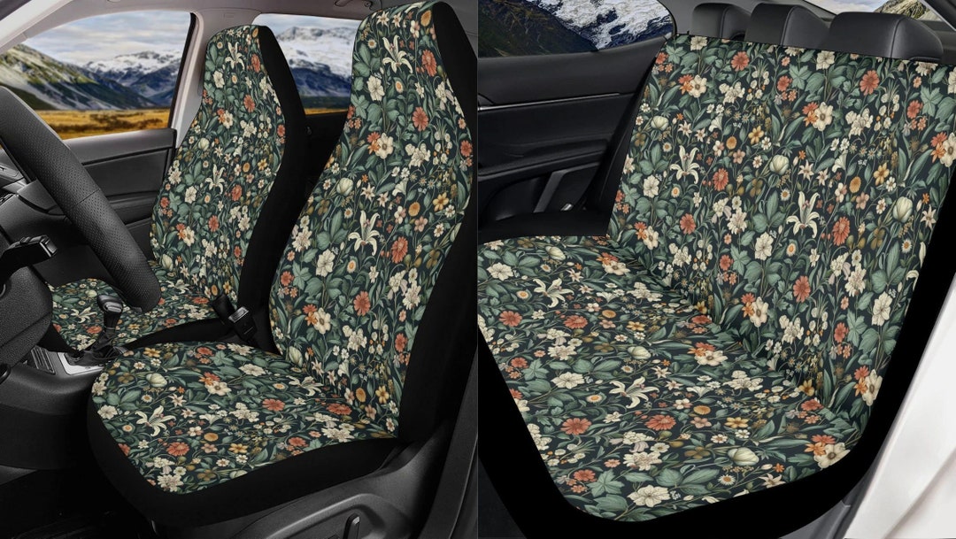 Green Forest Floral Car Seat Cover Full Set, Retro Cottagecore Front ...