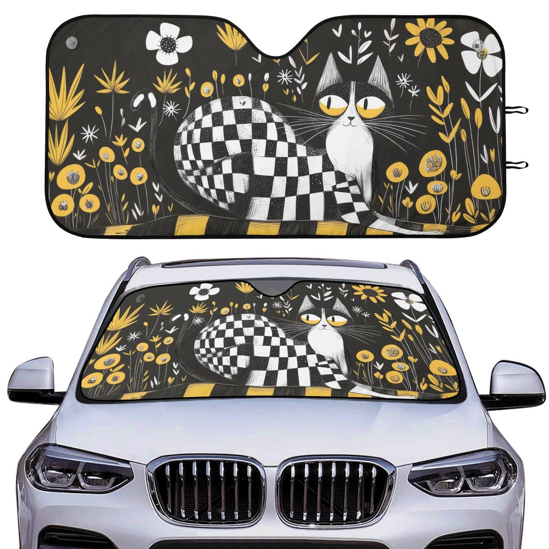 Checkered Cat Car Auto Sun Shade, Cute Whimsical Floral Windshield ...
