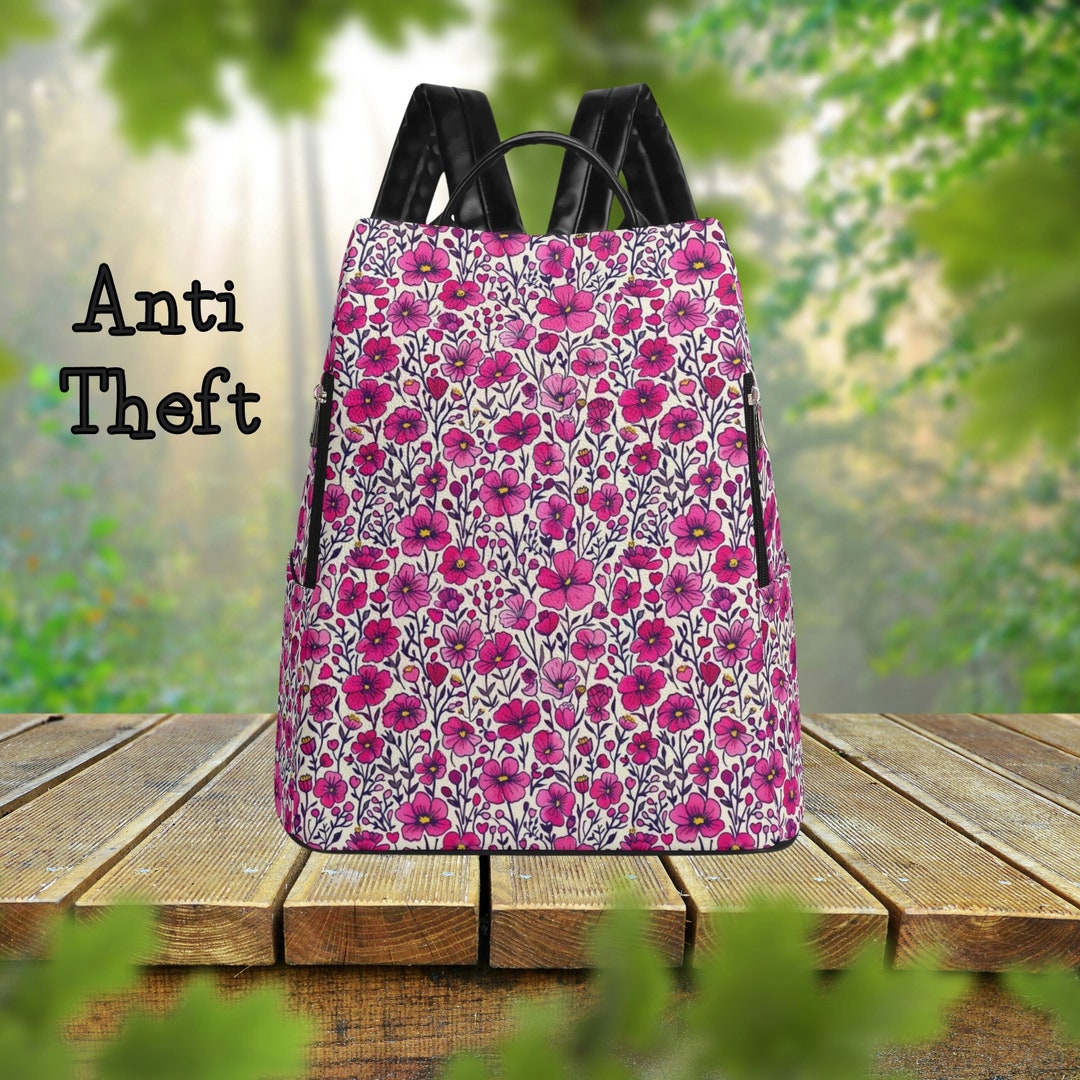 Cottagecore Pink Flower PU Vegan Leather Anti Theft Backpack, Safe ...