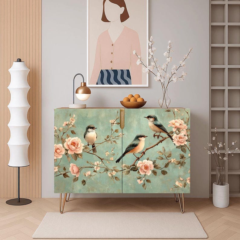 Birds and Flowers Storage Cabinet, Floral Wooden Cabinet With Doors ...