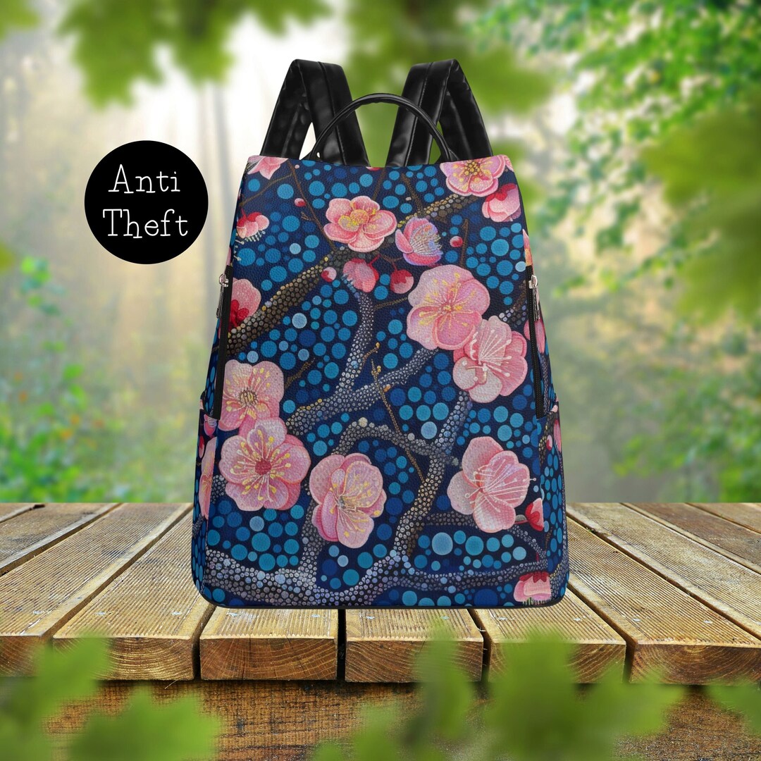 Retro Cherry Blossom PU Vegan Leather Anti Theft Backpack, Safe ...