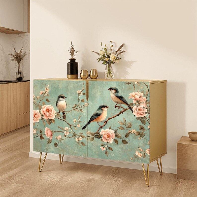 Birds and Flowers Storage Cabinet, Floral Wooden Cabinet With Doors ...