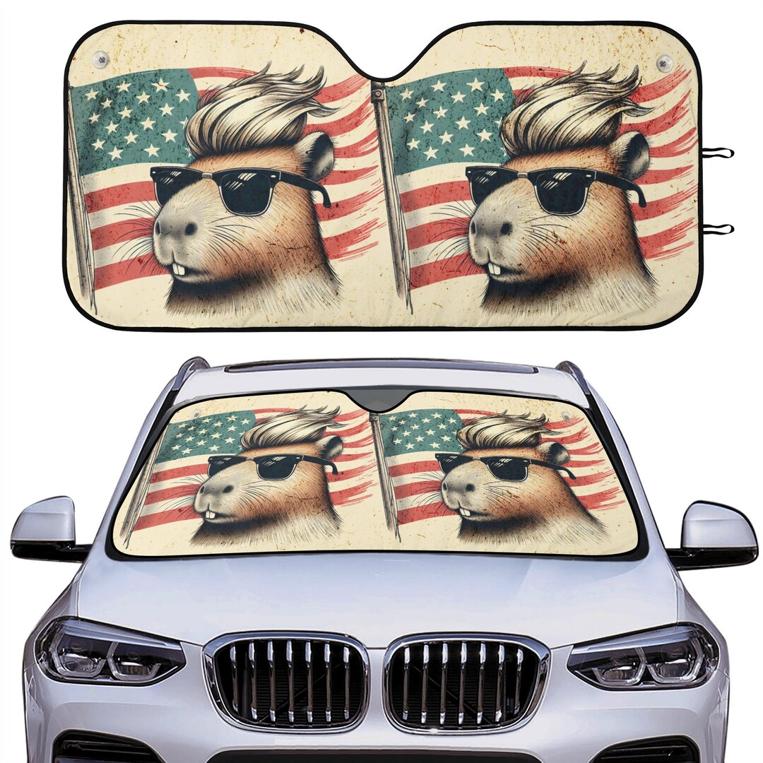 Vintage Capybara American Flag Car Auto Sun Shade, Funny Trump Capybara ...