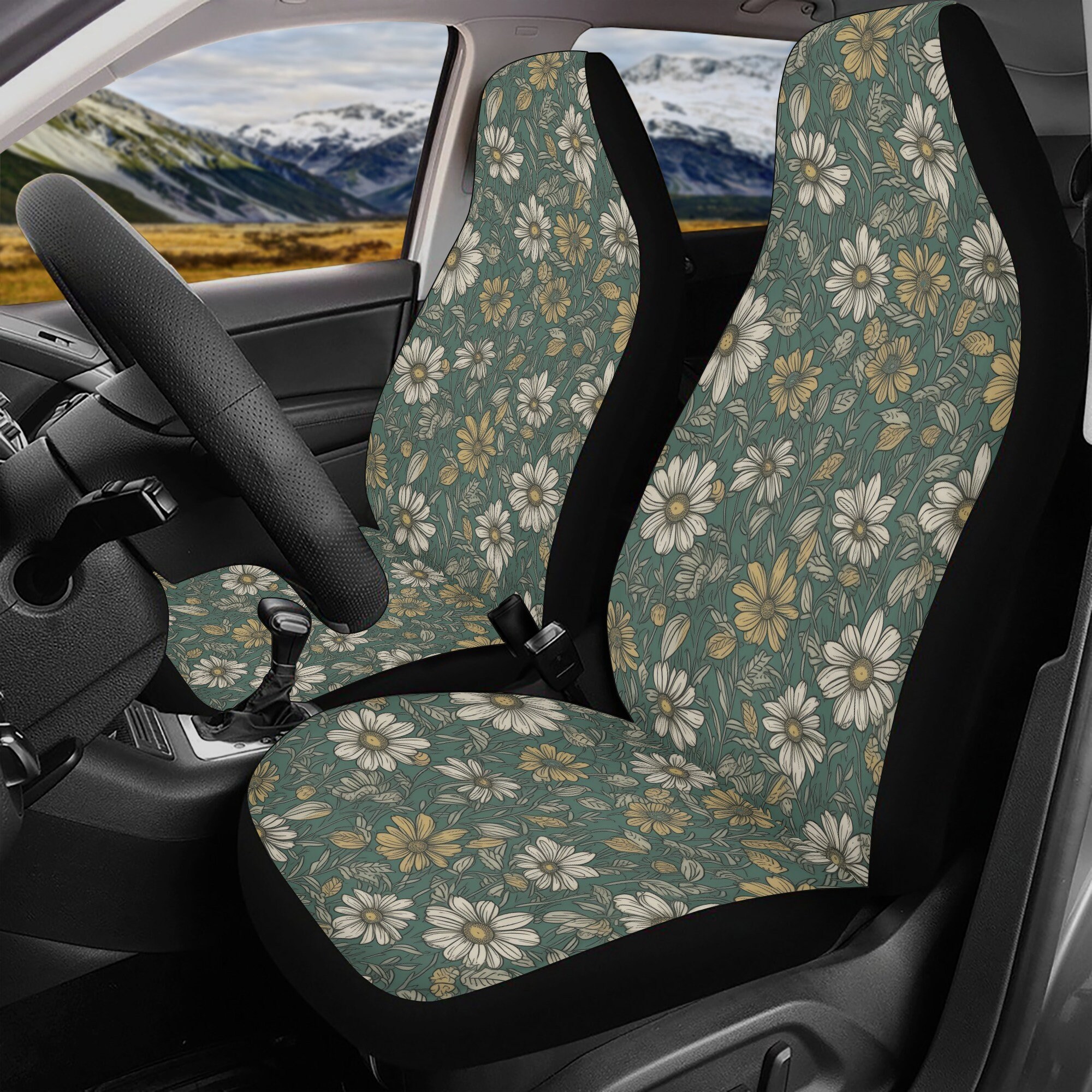 Sage Green Daisy Flowers Car Seat Covers Full Set, Retro Garden Floral ...