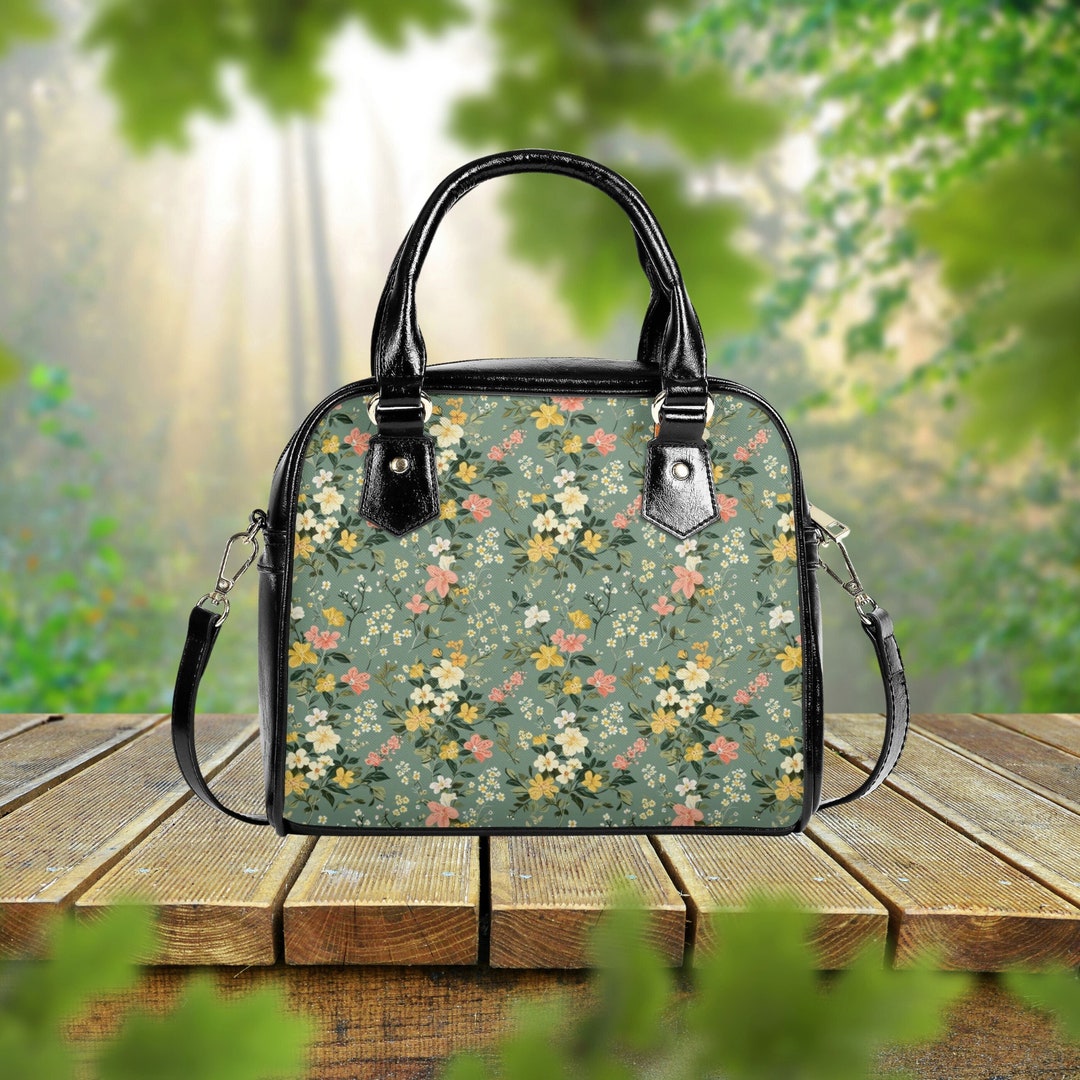Vintage Cottagecore Floral PU Leather Shoulder Handbag, Sage Green ...