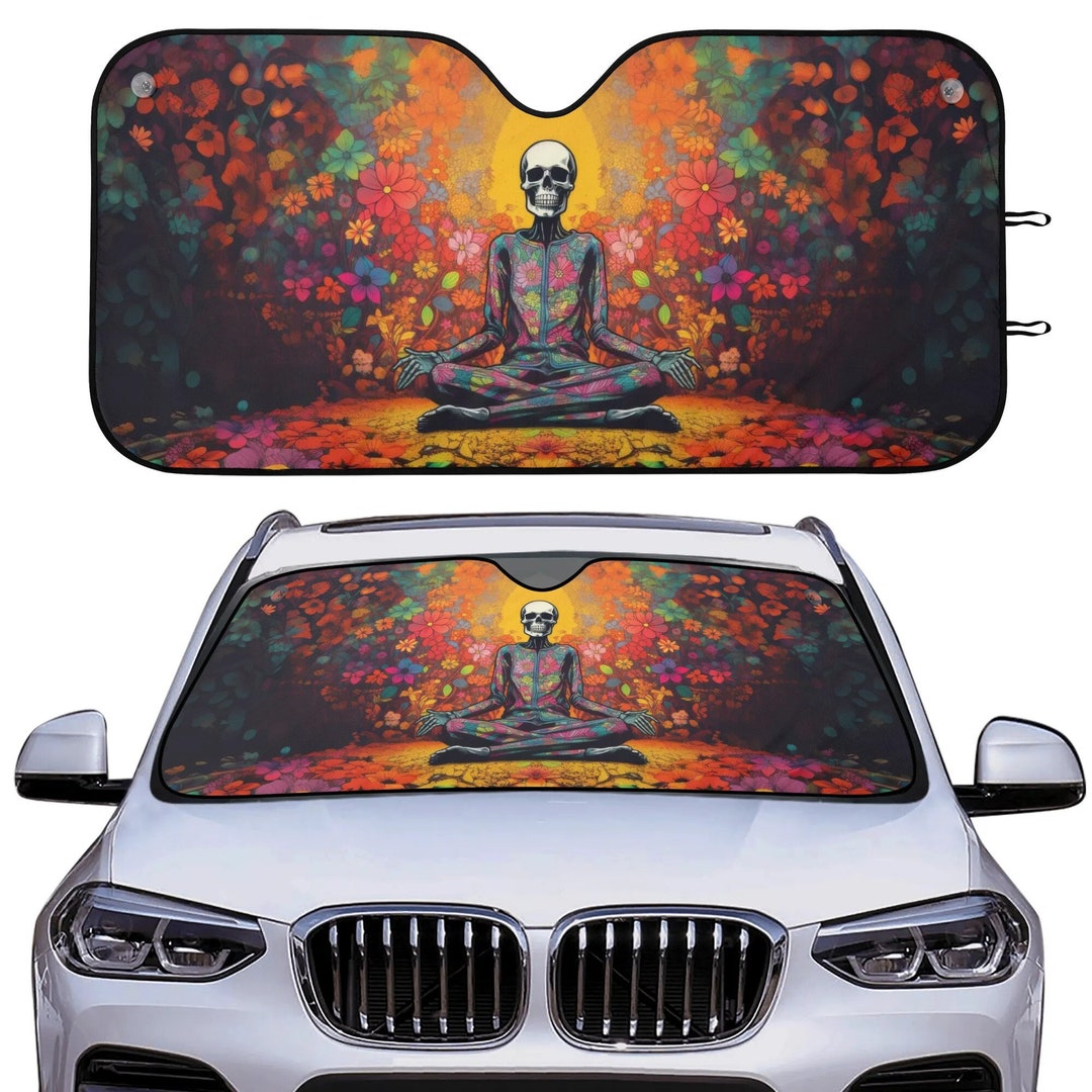 Funny Yoga Skeleton Car Auto Sun Shade, Hippie Skull Floral Windshield ...