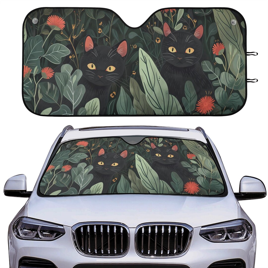 Cats Green Forest Car Auto Sun Shade, Cute Cat Floral Windshield ...