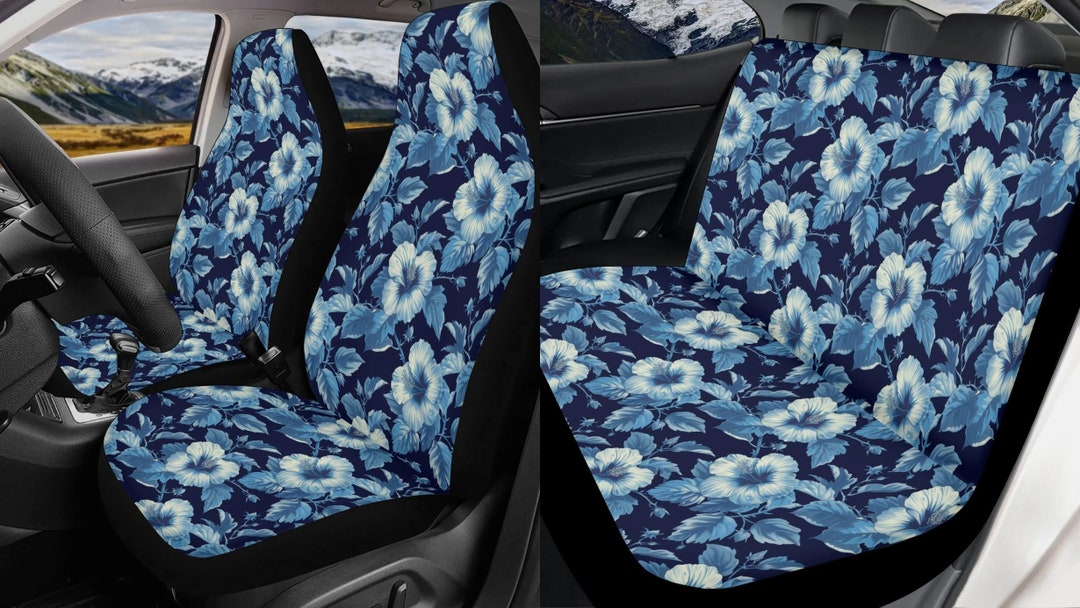 Hibiscus Blue Car Seat Cover Full Set, Retro Floral Front and Back Seat ...