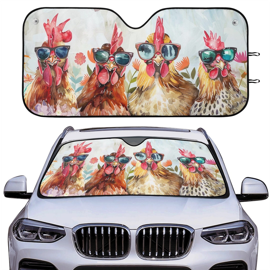 Funny Chickens Car Sunshade, Chicken Car Decor, Rooster Windshield ...