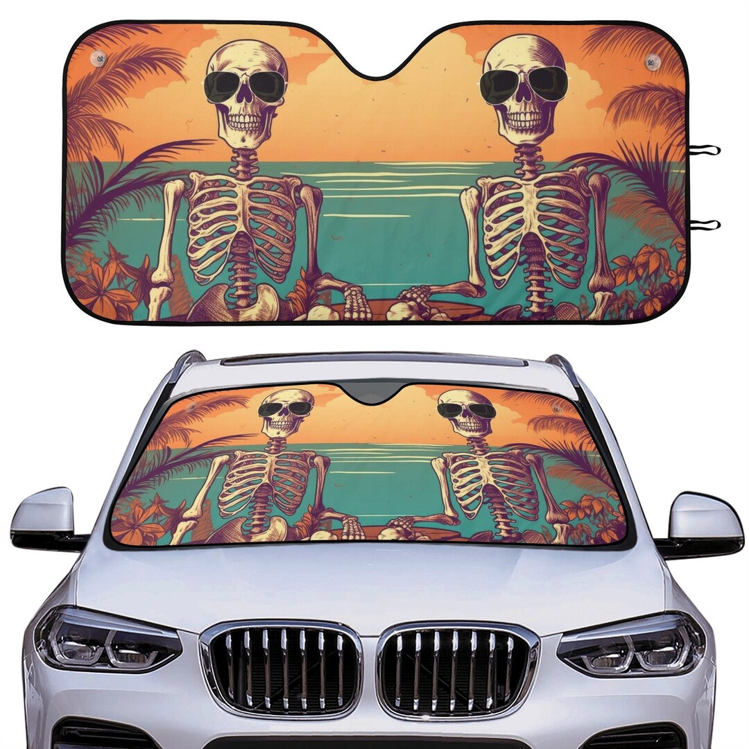 Funny Skeletons Car Auto Sun Shade, Tropical Beach Skull Windshield ...