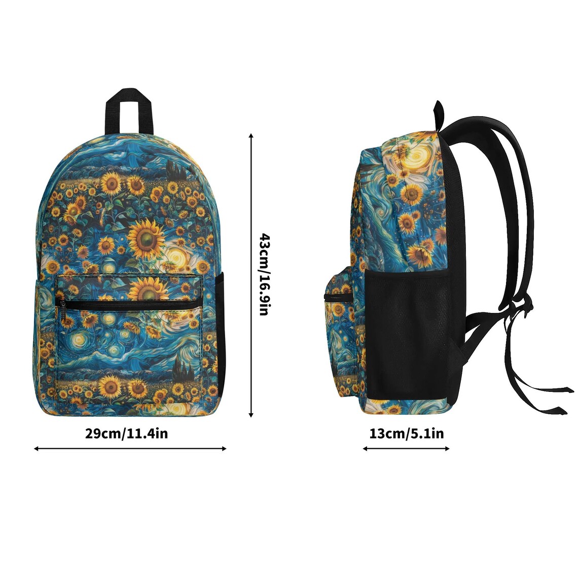 Sunflowers Van Gogh Inspired Polyester Backpack, Retro Botanical Flower ...