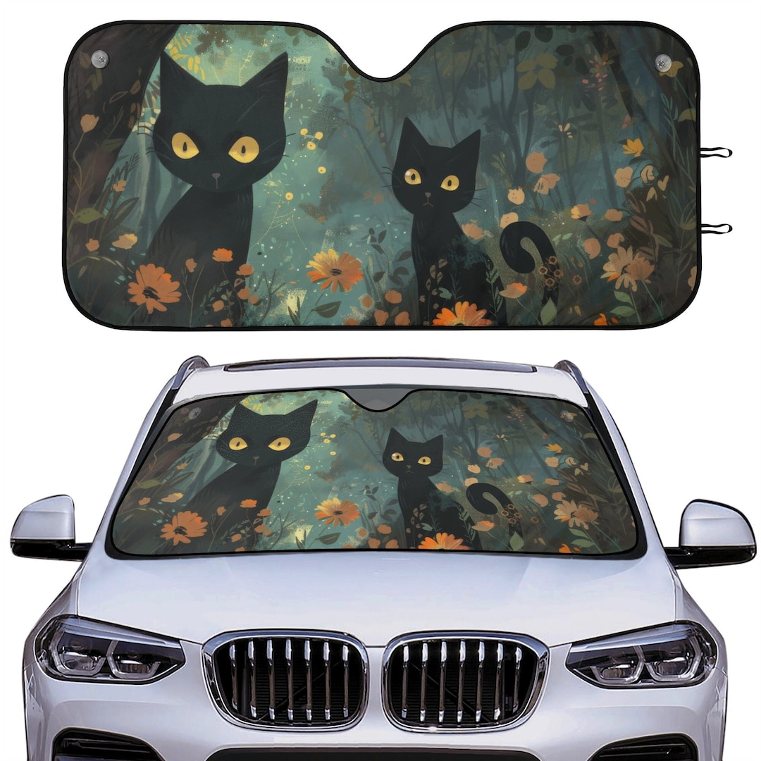 Cat Forest Car Auto Sun Shade, Cute Black Cat Floral Windshield ...