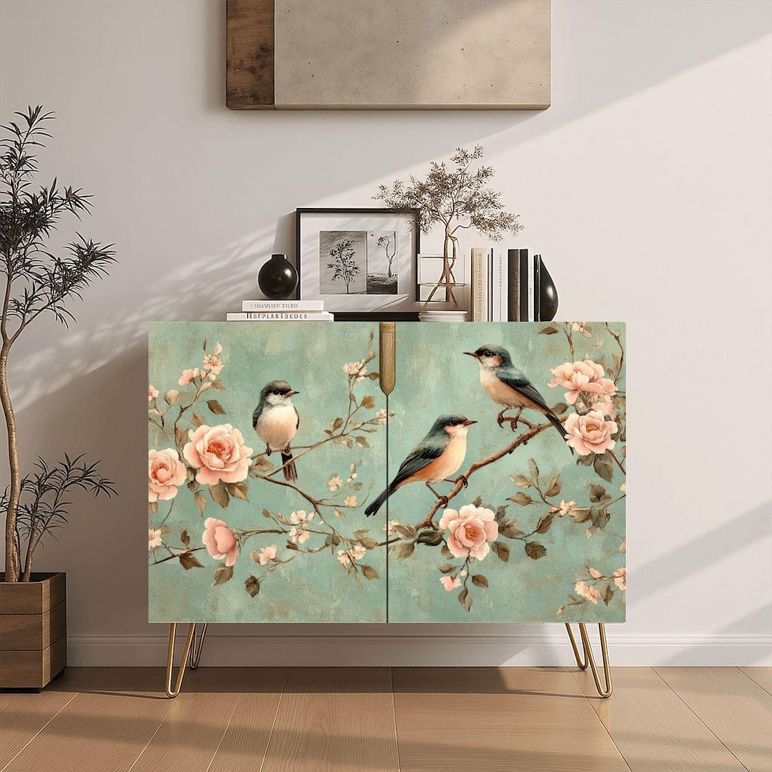 Birds and Flowers Storage Cabinet, Floral Wooden Cabinet With Doors ...