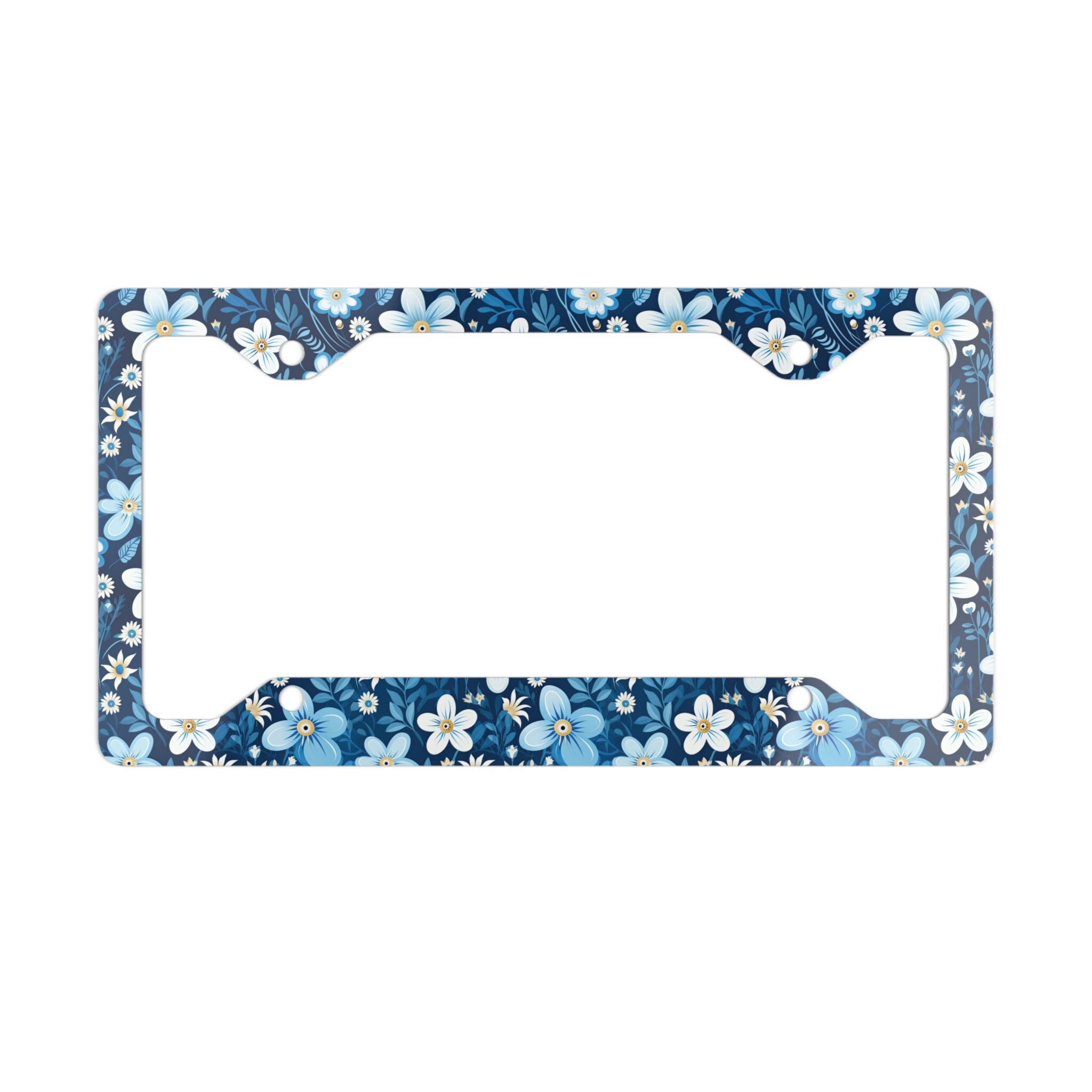 Blue Boho Floral Car Metal License Plate Frame, Groovy Hippie Flower ...