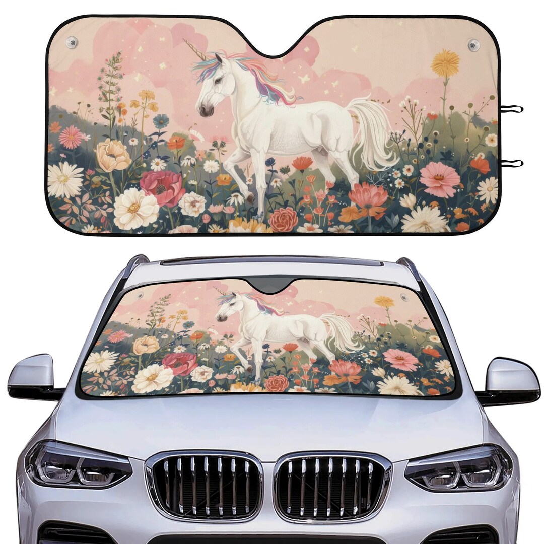 Unicorn Floral Car Auto Sun Shade, Cute Aesthetic Fantasy Unicorn ...