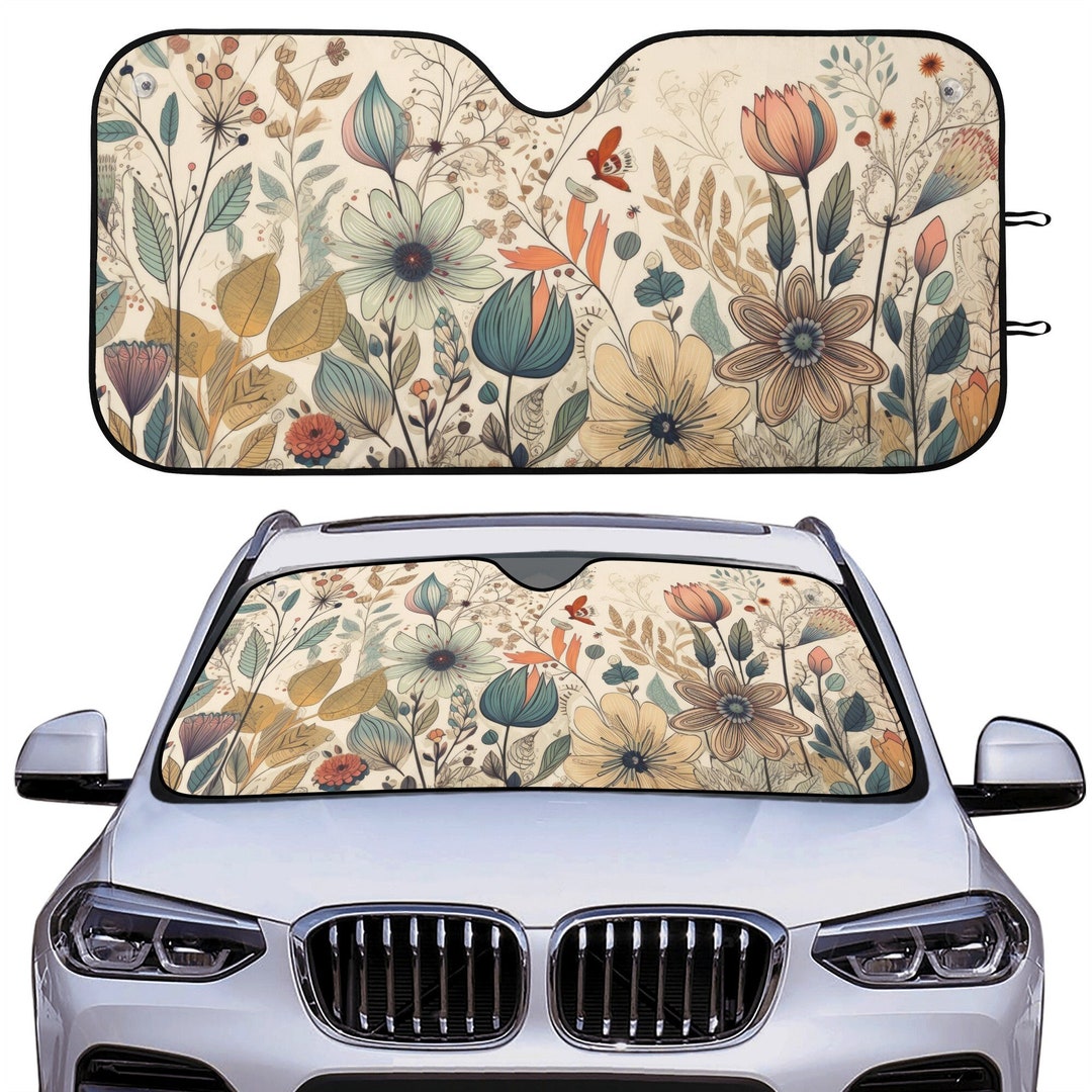 Cottagecore Flowers Car Auto Sun Shade, Botanical Floral Windshield ...