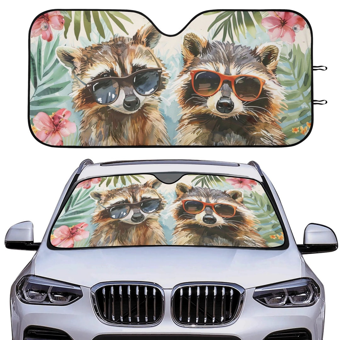 Funny Raccoons Car Sunshade, Raccoon Floral Car Decor, Windshield Cover ...