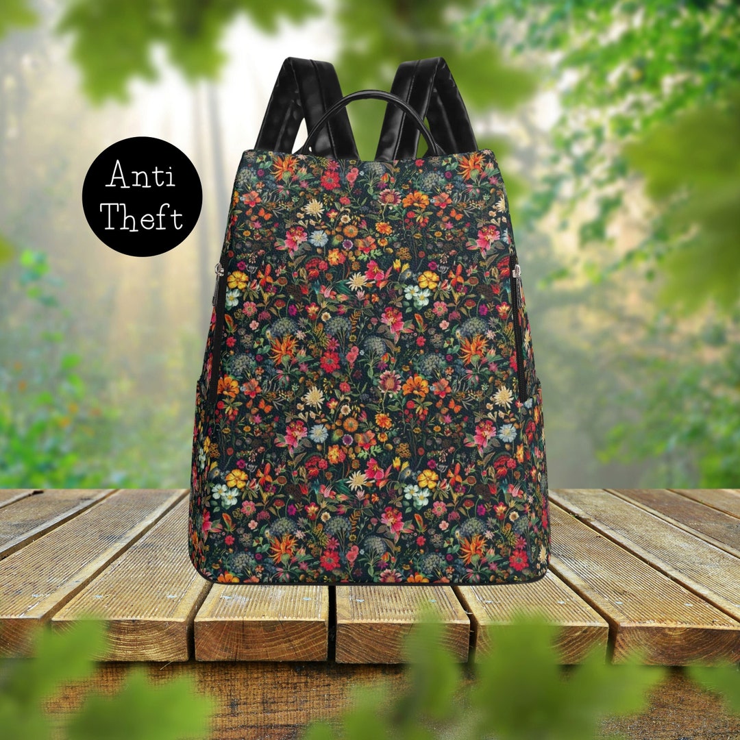 Cottagecore Floral PU Leather Anti Theft Backpack, Safe Backpack for ...