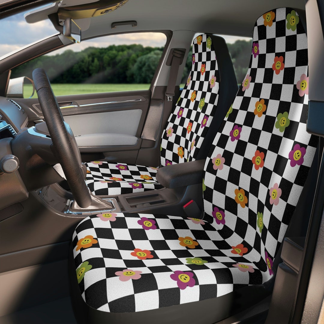 Checkerboard Retro Flowers Set of Two Front Car Seat Covers, Hippie ...