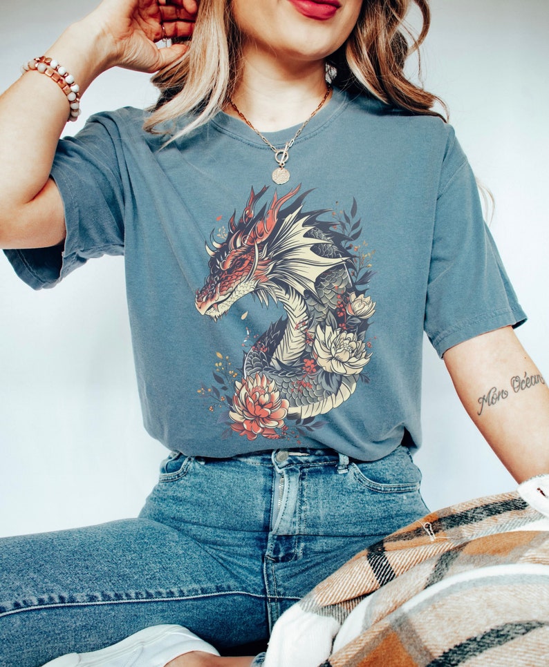 Retro Dragon Floral Comfort Colors Shirt, Fantasy Dragon Cottagecore T ...