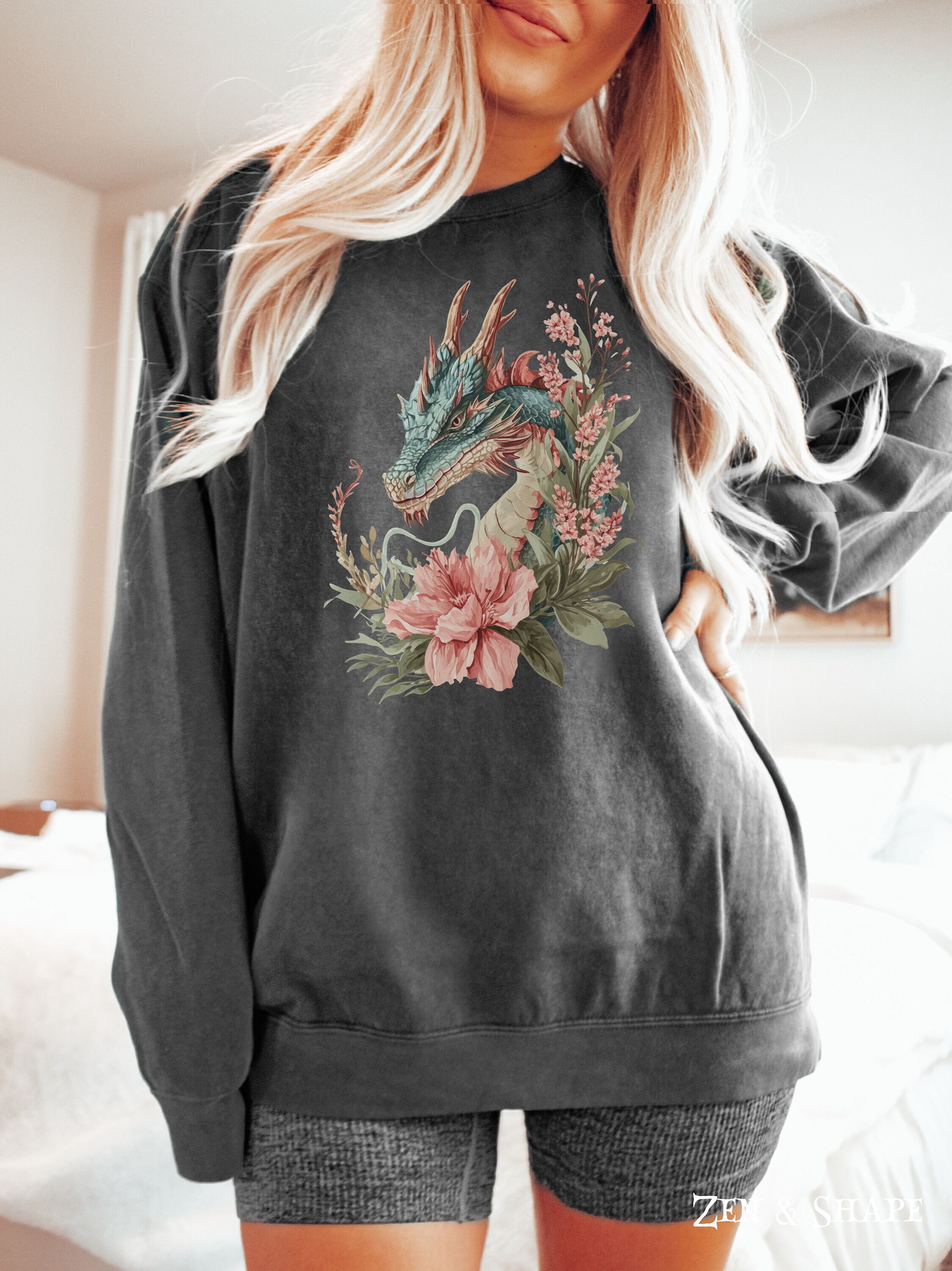 Retro Dragon Floral Lightweight Crewneck Sweatshirt, Mystic Fantasy ...