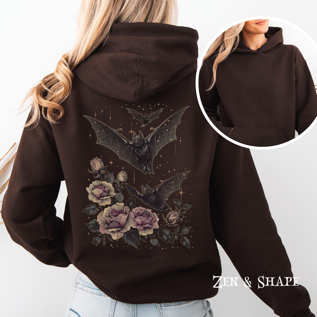 Gothic Bat Floral Back Print Hoodie, Witchy Bat Hooded Sweatshirt ...