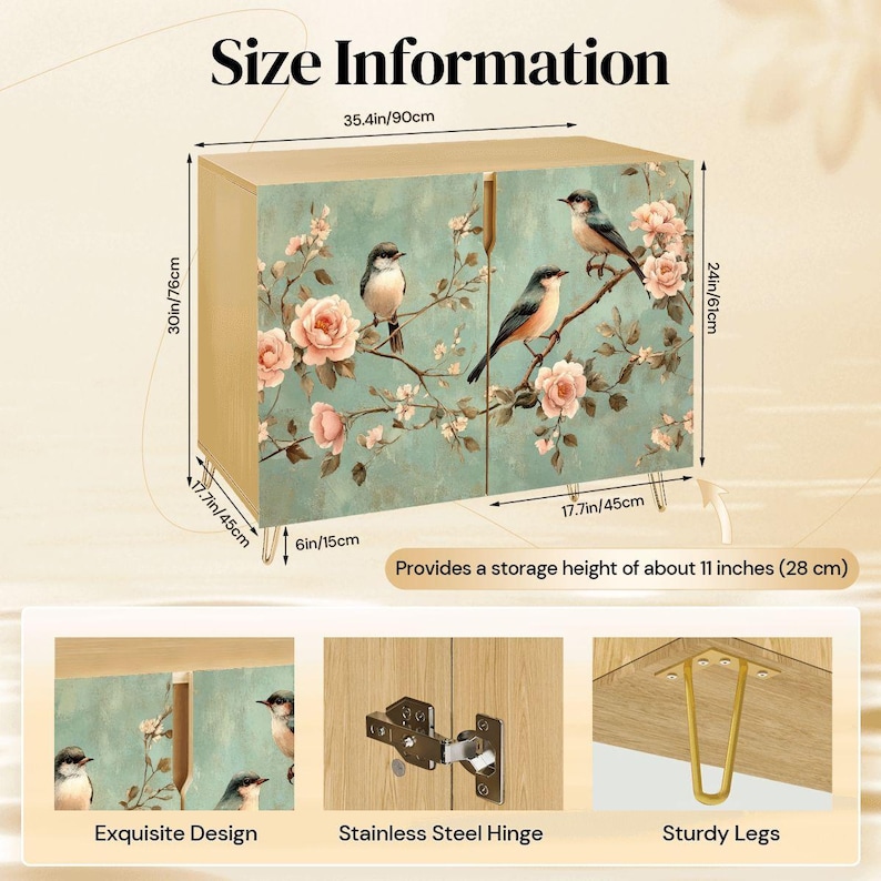 Birds and Flowers Storage Cabinet, Floral Wooden Cabinet With Doors ...