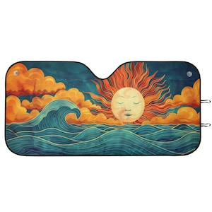 Retro Boho Sun Car Sunshade, Beach Ocean Waves Summer Car Windshield ...