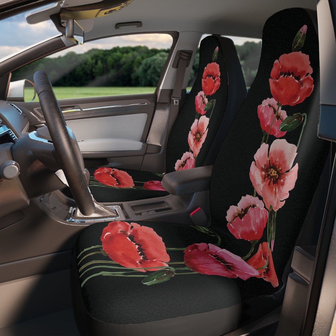 Poppy Flower Set of Two Front Car Seat Covers, Aesthetic Boho Poppies ...