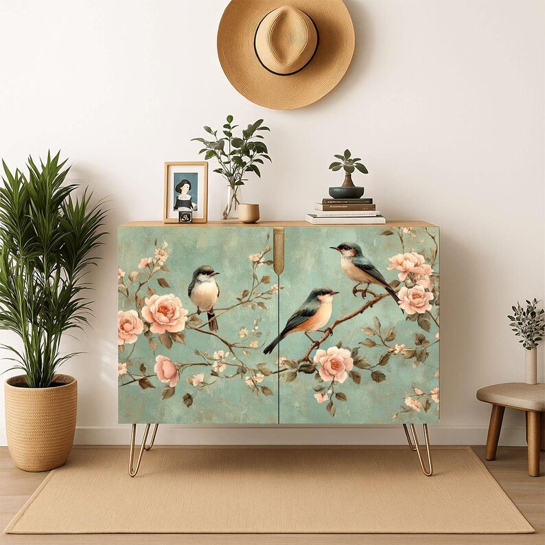 Birds and Flowers Storage Cabinet, Floral Wooden Cabinet With Doors ...