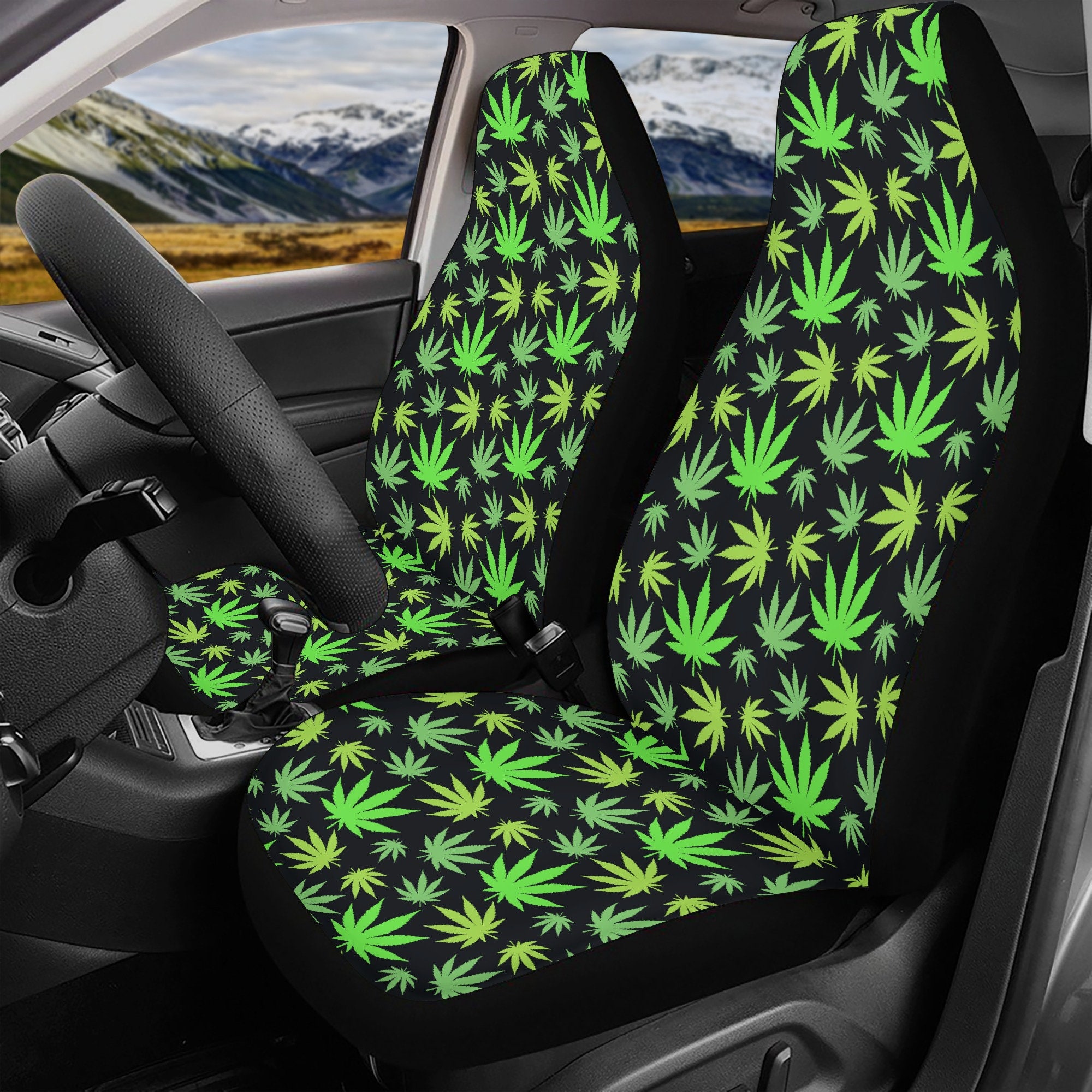 Weed Cannabis Leaf Car Seat Covers Full Set, Green Botanical Leaves ...