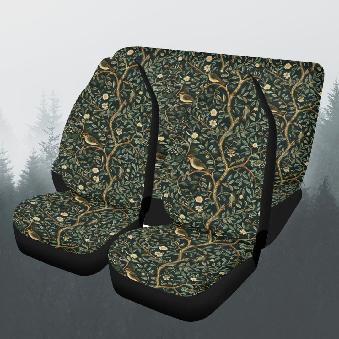Retro Green Forest Car Seat Cover Full Set, Nature Bird Floral Front ...