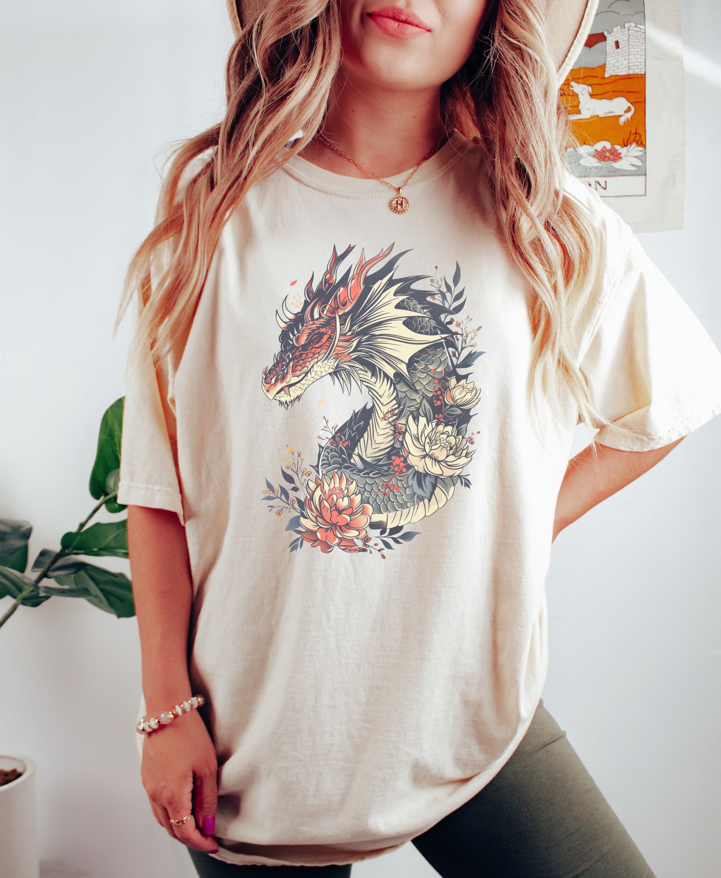 Retro Dragon Floral Comfort Colors Shirt, Fantasy Dragon Cottagecore T ...
