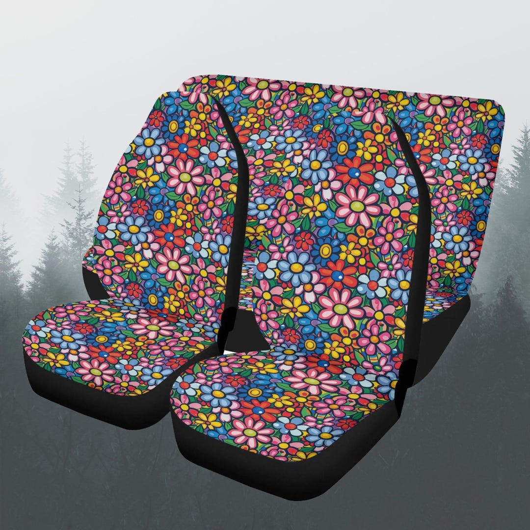 Doodle Wildflower Car Seat Cover Full Set, Cute Colorful Floral Front ...