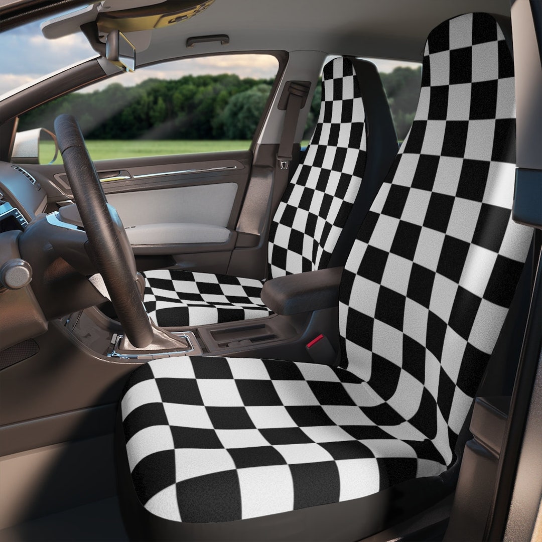 Black and White Checkerboard Set of Two Front Car Seat Covers, Simple ...