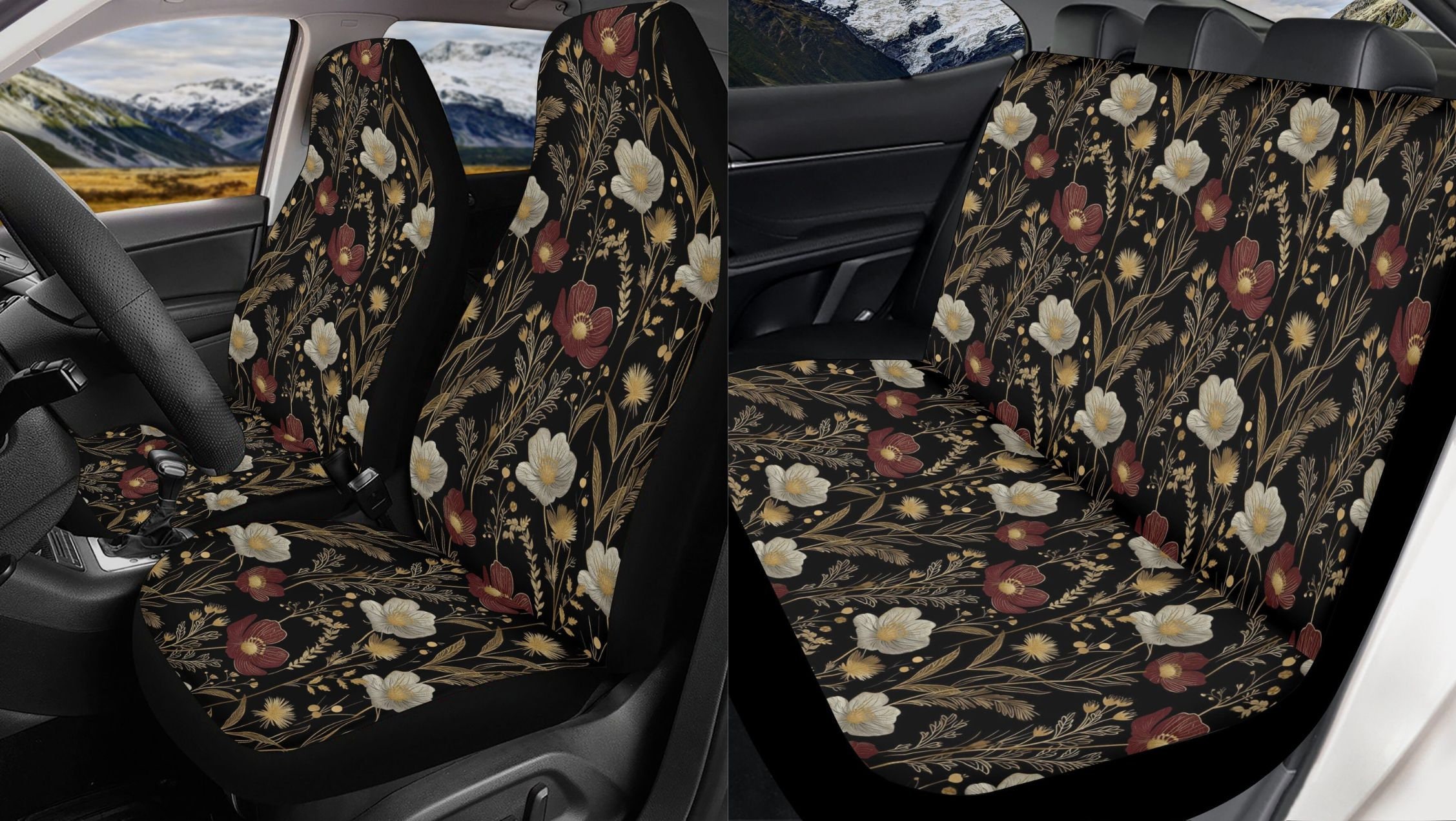 Gothic Flowers Car Seat Covers Full Set, Dark Goth Forest Floral Front ...