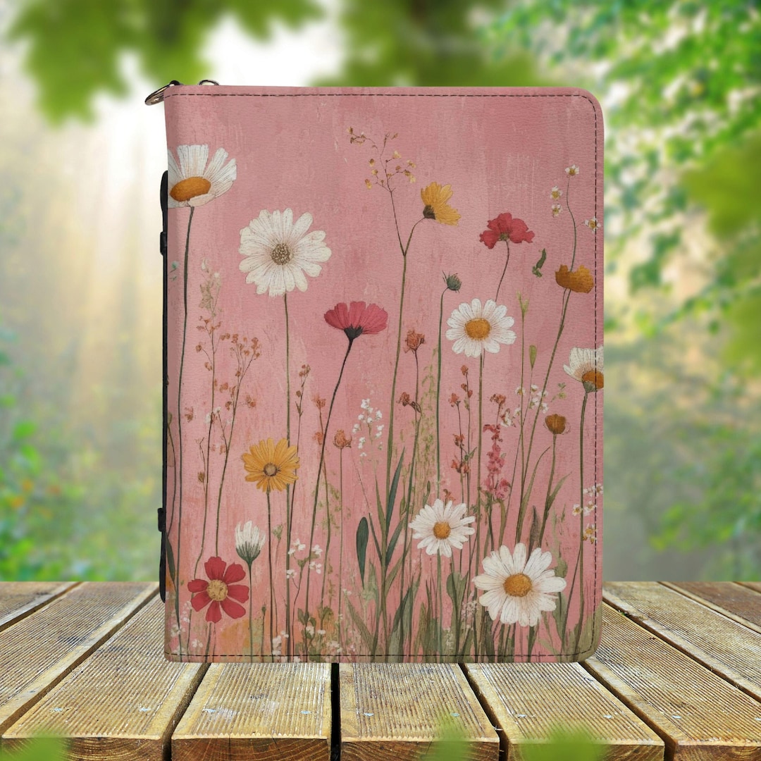 Pink Wildflowers PU Vegan Leather Bible Cover for Women, Retro Boho ...