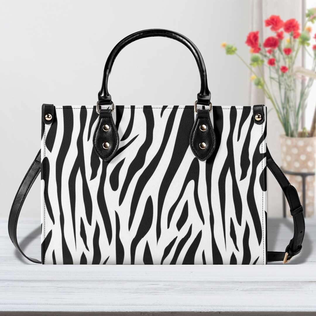 Zebra Stripe Women PU Leather Handbag, Black and White Vegan Leather ...