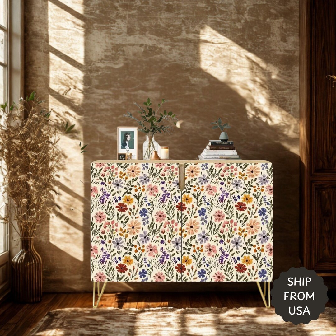 Wildflower Cottagecore Storage Cabinet, Floral Wooden Cabinet With ...