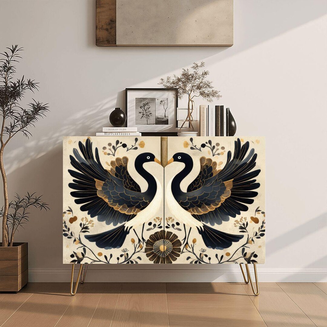 Birds Art Deco Storage Cabinet, Wooden Cabinet With Doors, Floral Boho ...