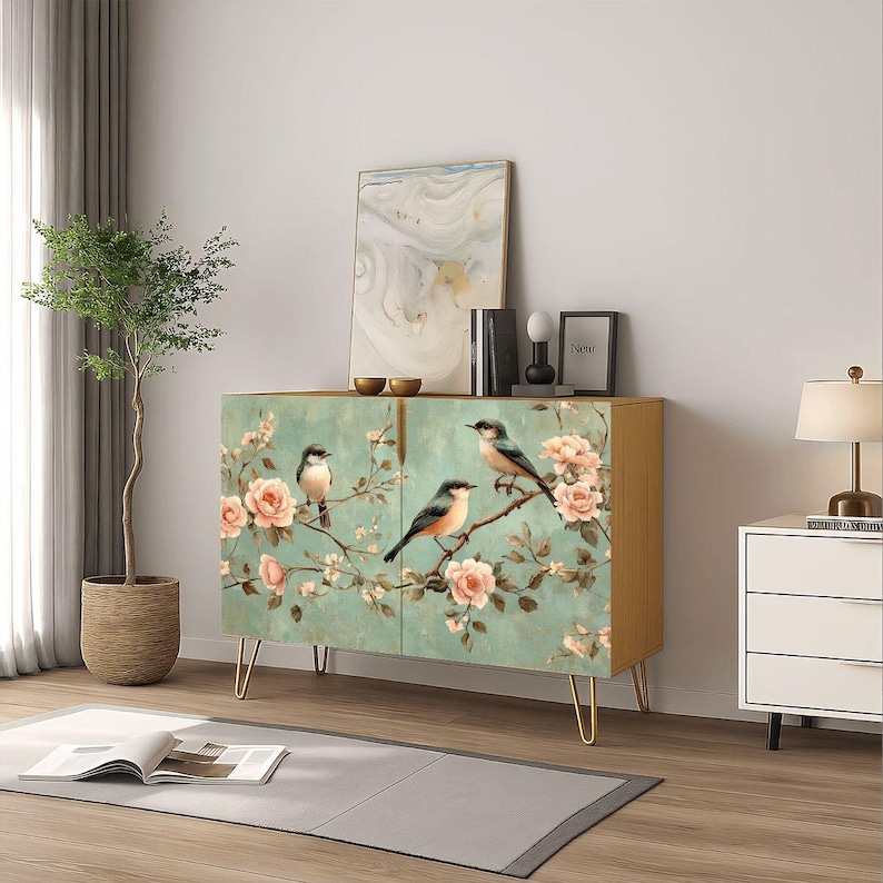Birds and Flowers Storage Cabinet, Floral Wooden Cabinet With Doors ...