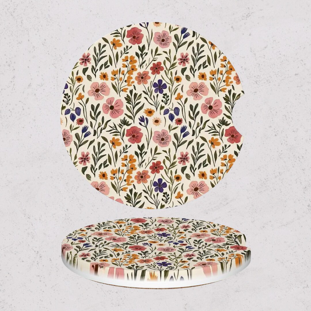 Wildflower Cottagecore Ceramic Car Coasters Set of 2, Boho Car Coasters ...