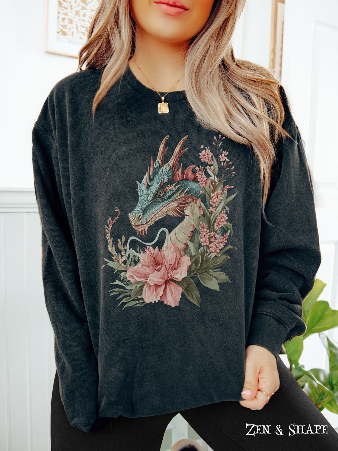 Retro Dragon Floral Lightweight Crewneck Sweatshirt, Mystic Fantasy ...