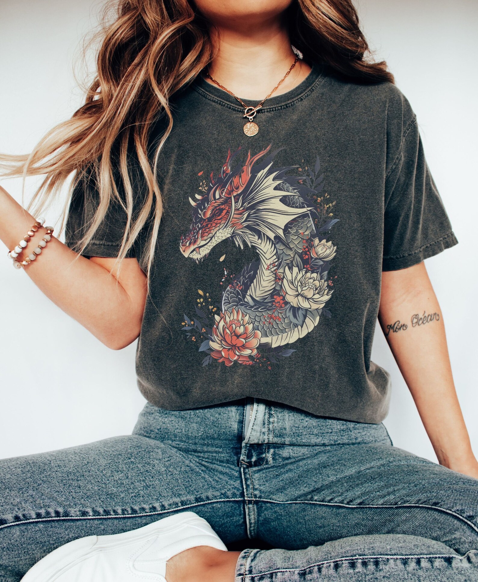 Retro Dragon Floral Comfort Colors Shirt, Fantasy Dragon Cottagecore T ...