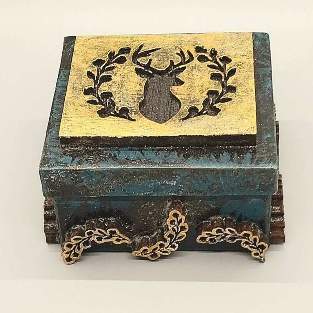 Jeweled Deer Wood Ornament Heavy Cardboard Gift Box 3 Inch Hand Painted ...