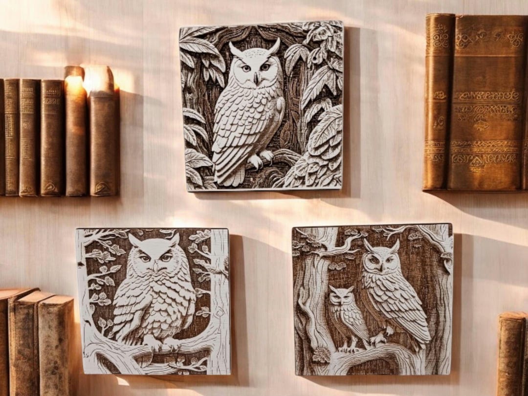 Owl Tiles Wood Horned Owl Decor Bird Tiles 5x5 Inches - Etsy